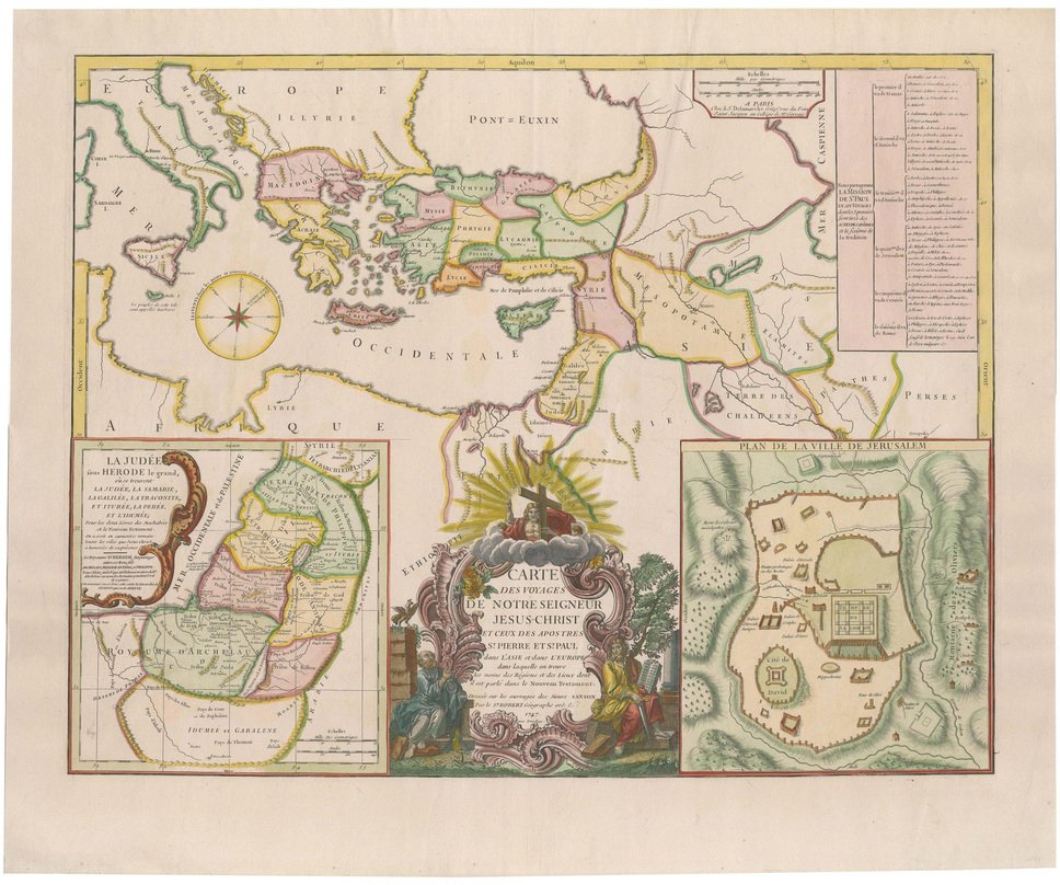 Antique Map Travels of Jesus Christ & Apostles by Seutter, 1743 for ...