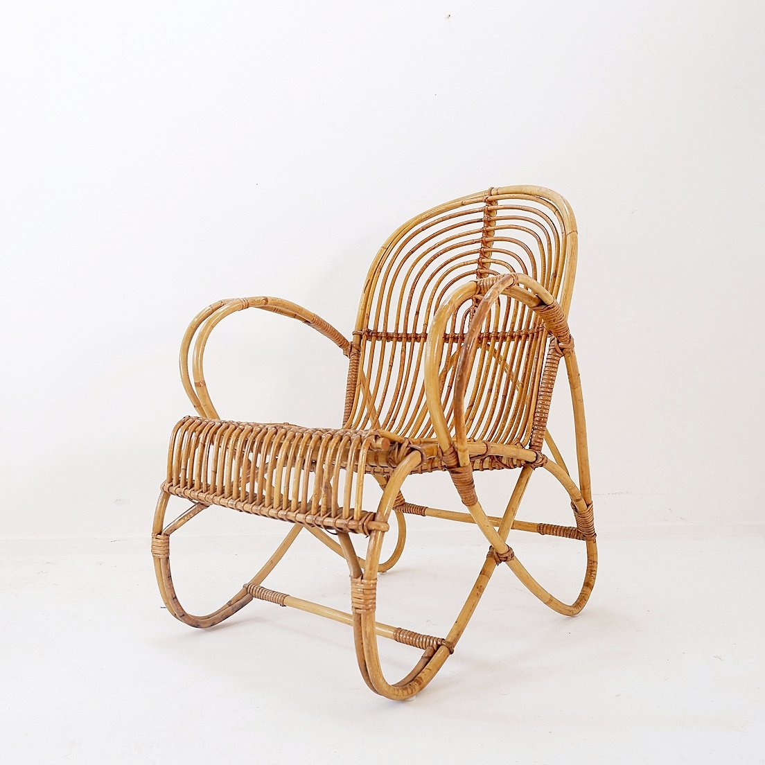 Curved Rattan and Bamboo Armchair, 1950s-1960s for sale at Pamono