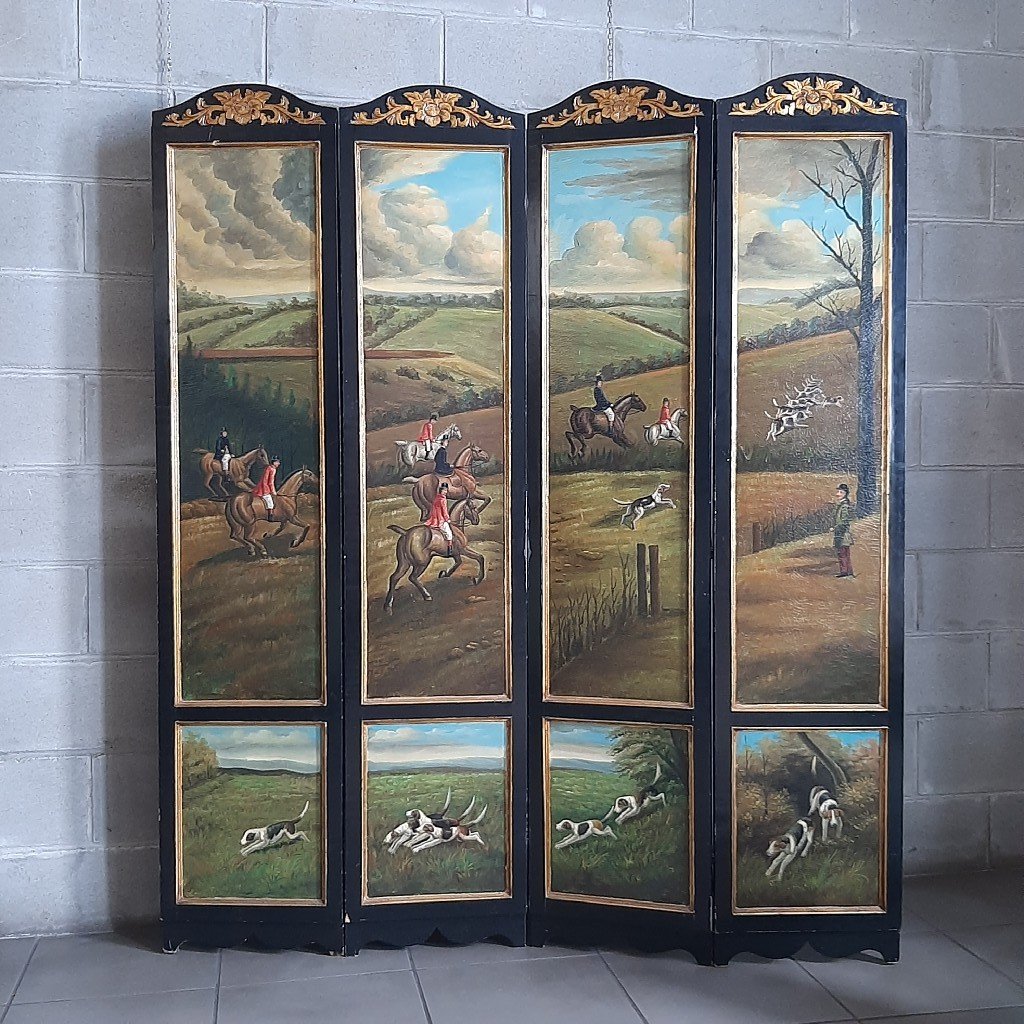 Room Divider in Black Wood with Painted Landscape, 1980s for sale at Pamono