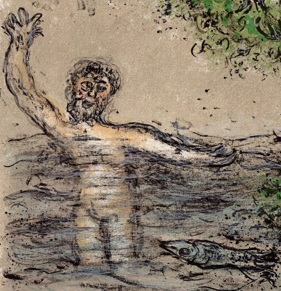 Marc Chagall, The Waves Swallow up Ulysses from Odyssey, 1989, Lithograph for sale at Pamono