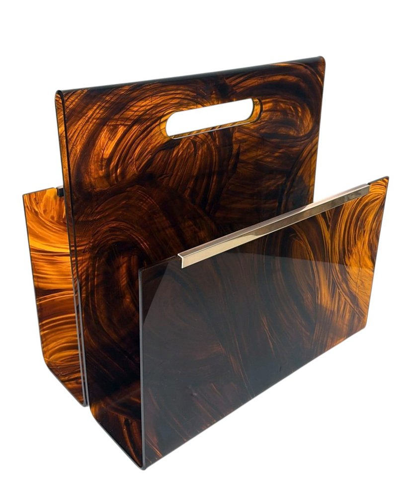 Italian Tortoiseshell Acrylic Glass and Brass Magazine Rack, 1975 for ...