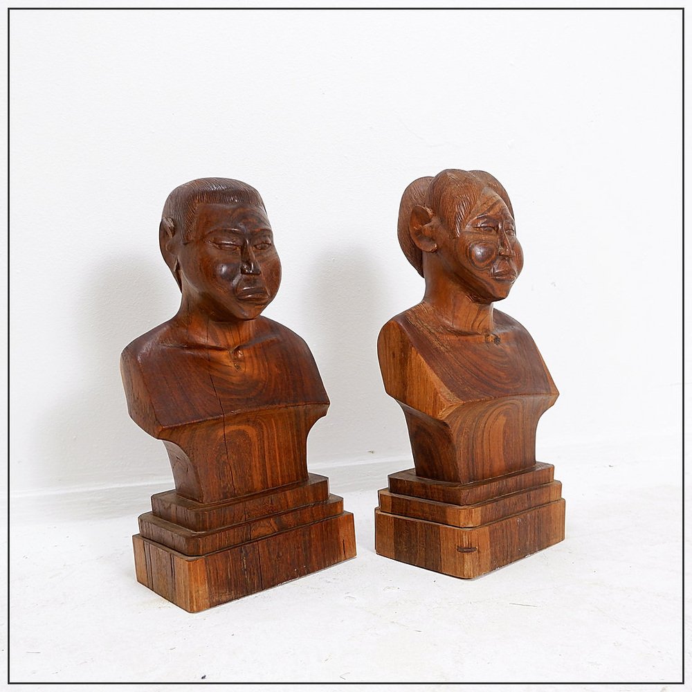 Hand-Carved Wooden Busts of a Man and a Woman, 20th Century, Set of 2 ...