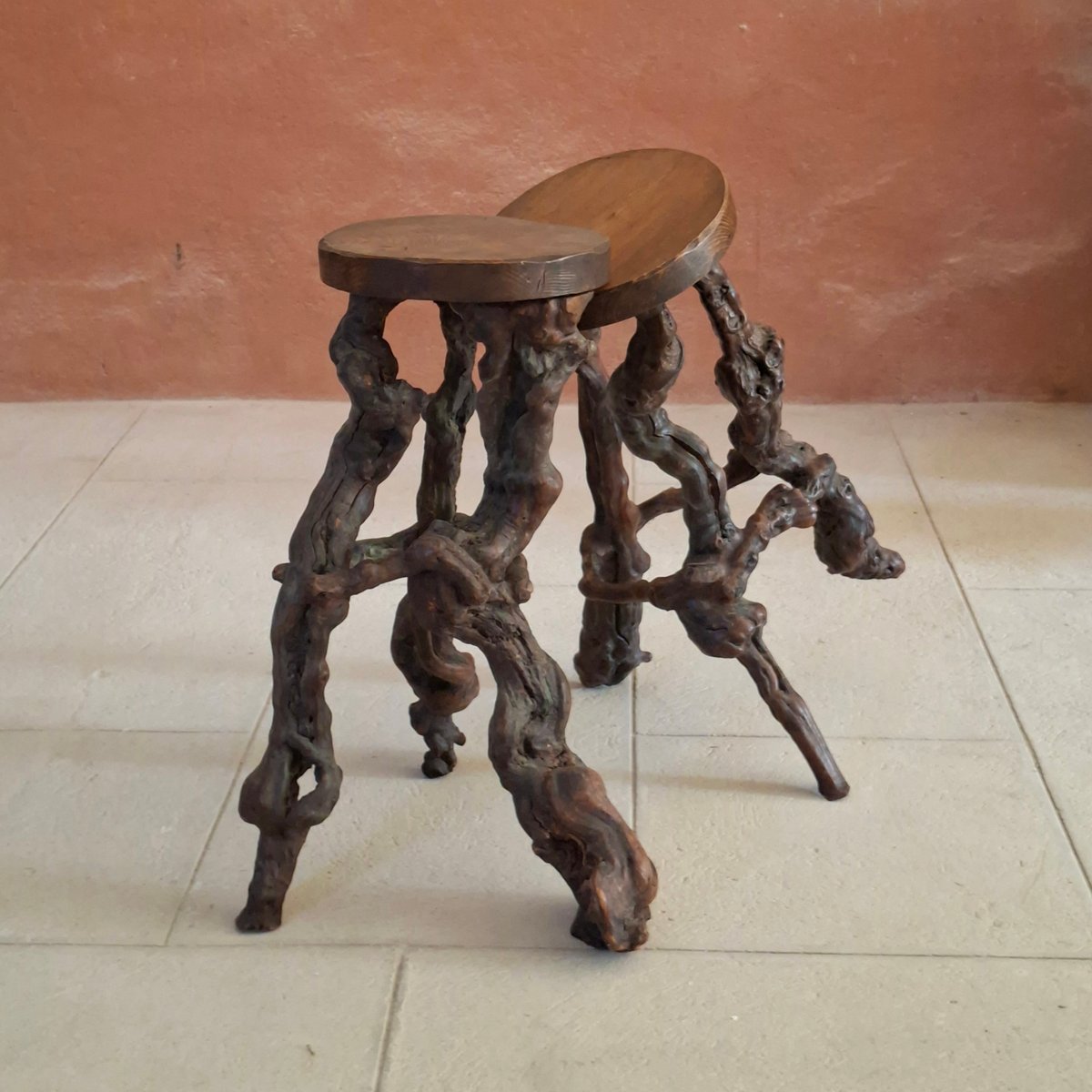 French Brutalist Vine Wood Bar Stools, 1960s, Set of 2 for sale at Pamono