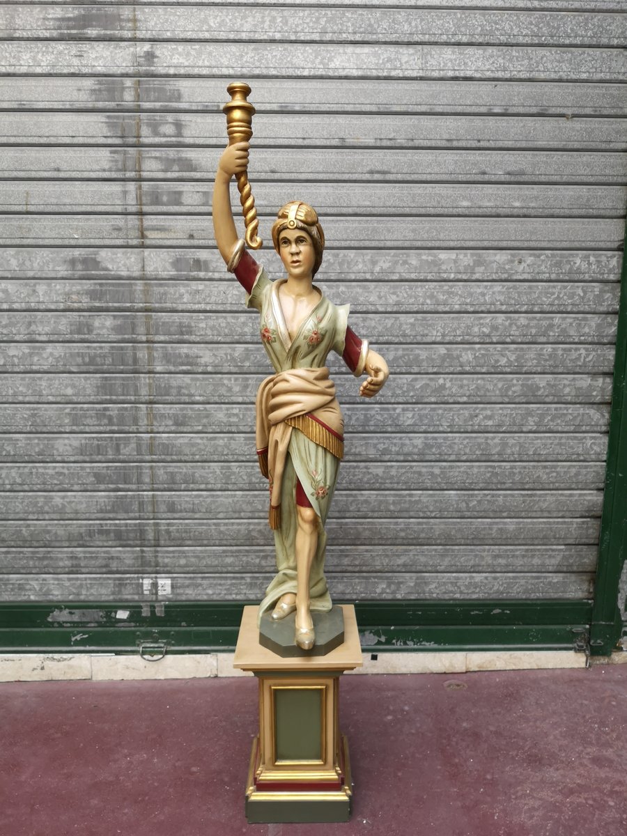 Polychrome Statues of Women with Torches, 1990s, Wood, Set of 2 for ...