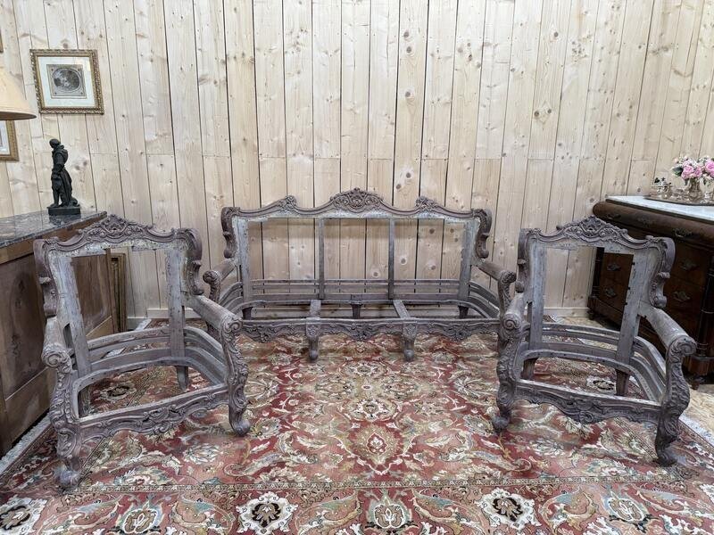 Louis XV Style Living Room with Sofa and Armchairs, 1920, Set of 3 for ...