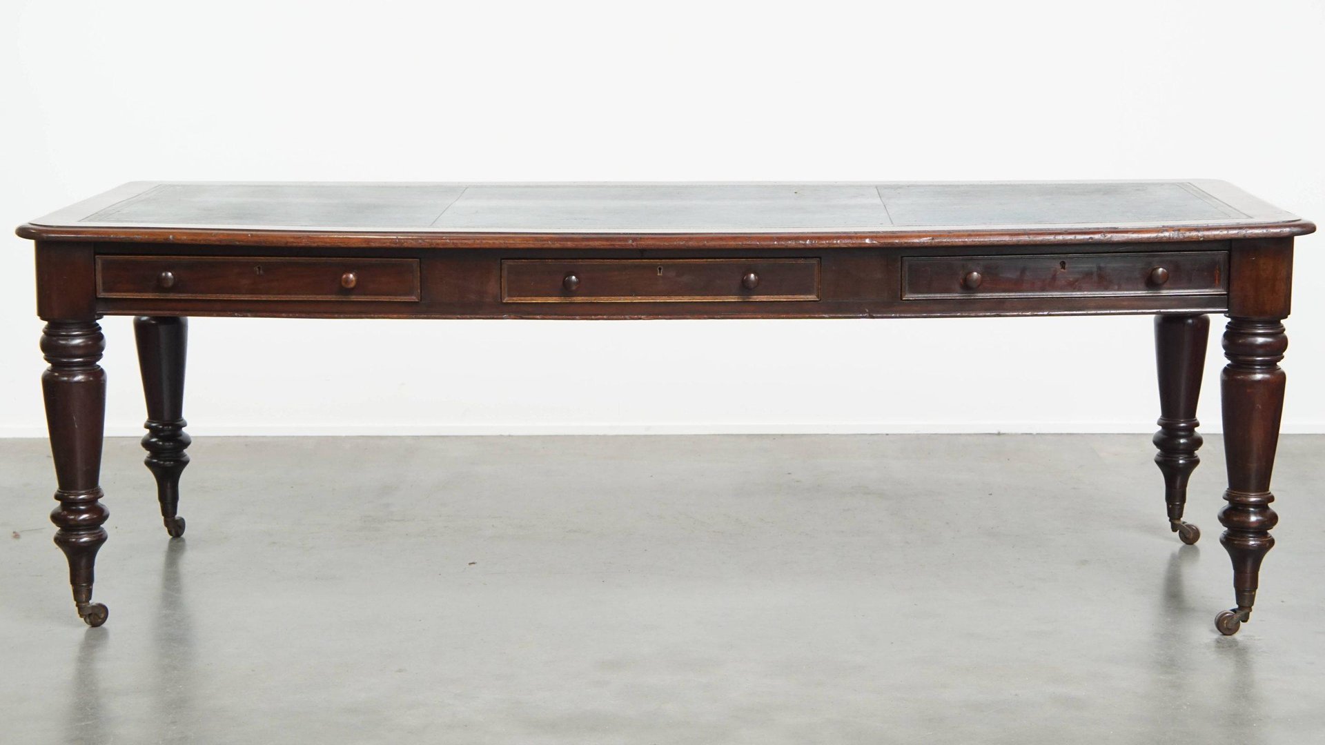 Long Antique English Partner Desk with Blue Leather Top, Mid-19th ...