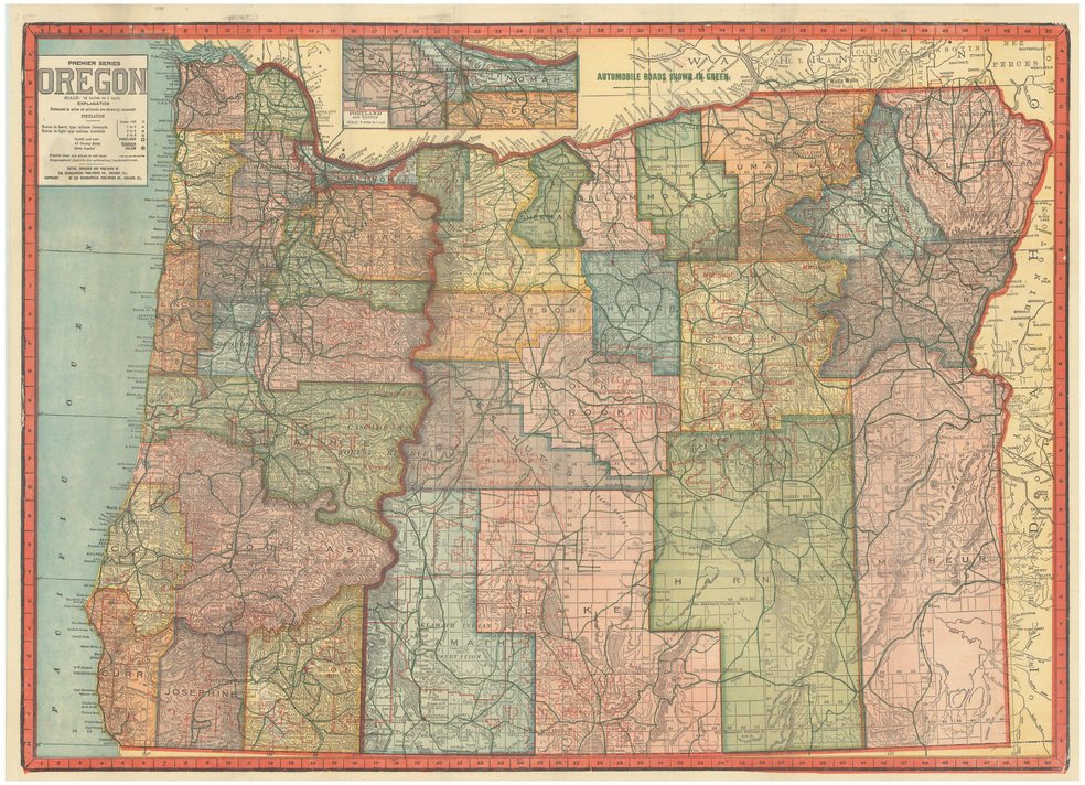 Mapa de carreteras de Oregón con recuadro de Portland y publicación geográfica indexada, 1915 en ...