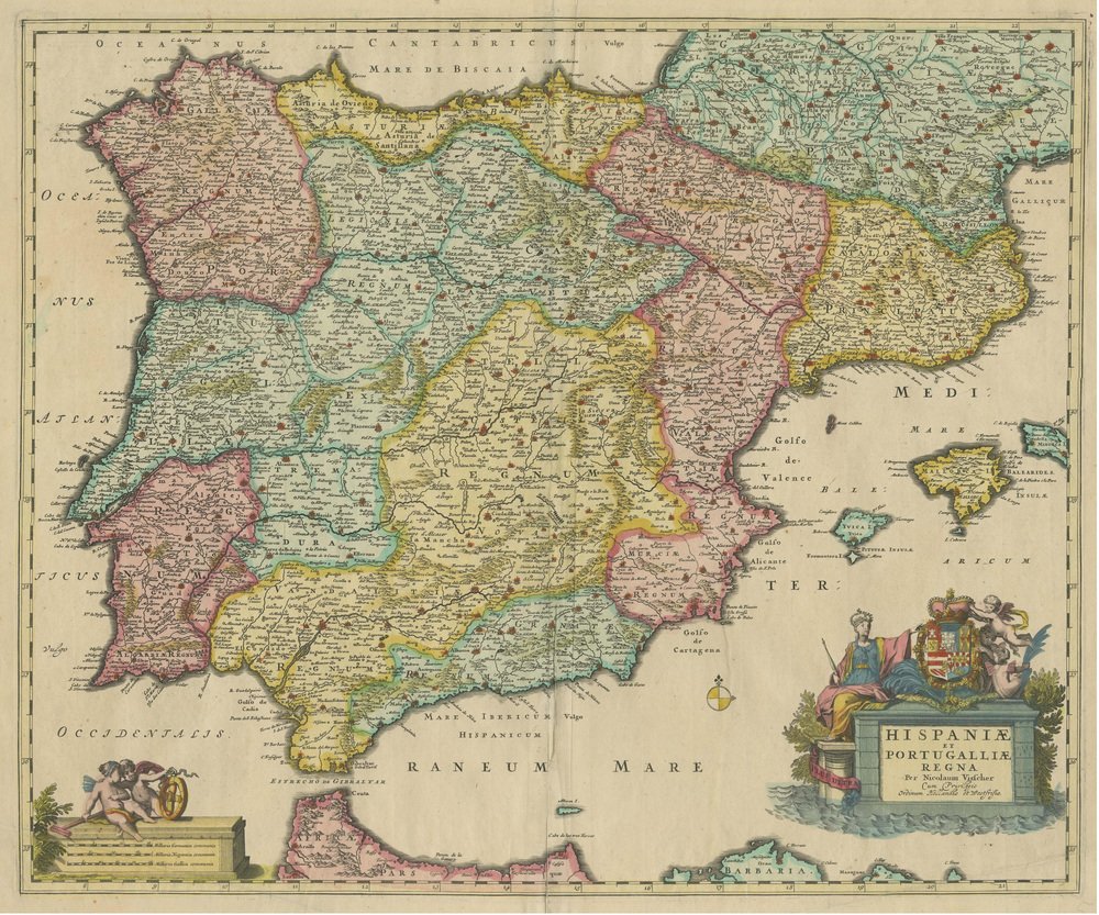 Antique Map of the Iberian Peninsula with Two Decorative Cartouches for ...