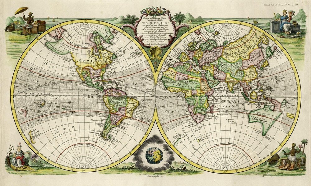 Original Double Hemisphere World Map with Allegorical Figures, 1785 for ...