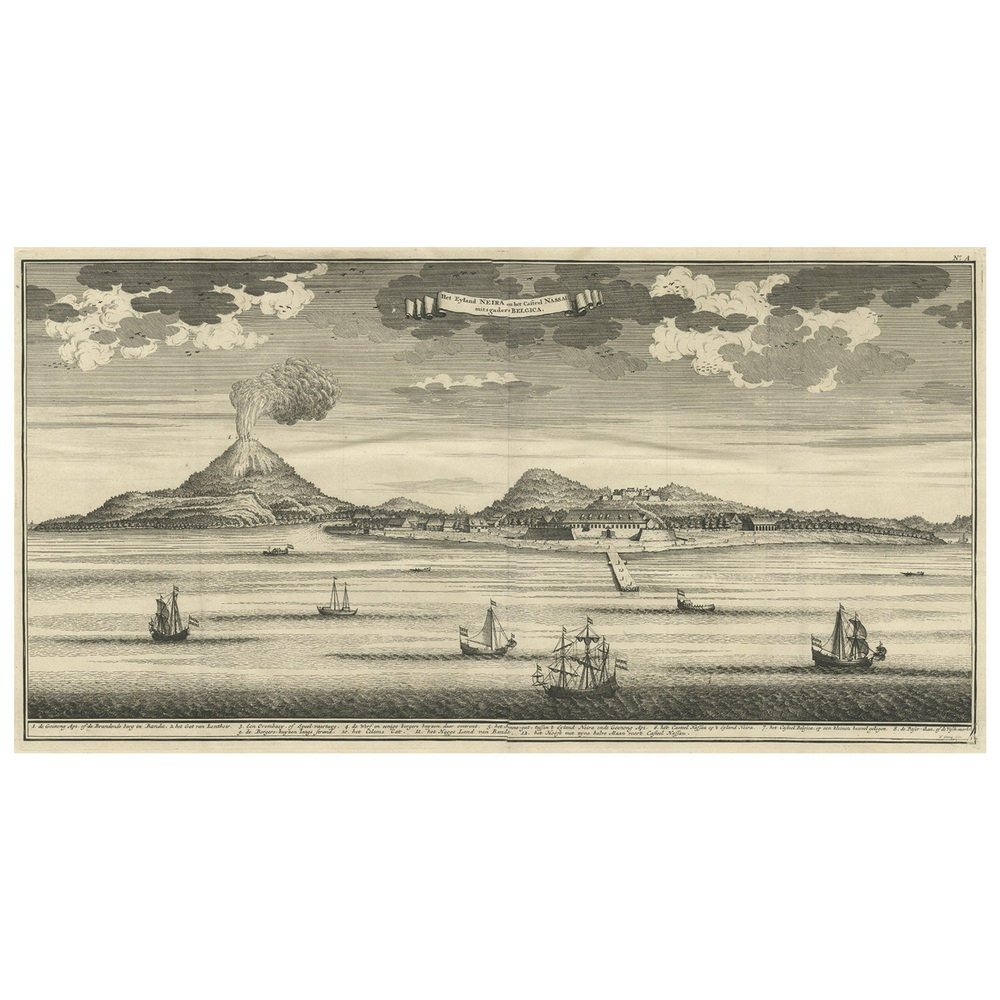 View of Spice Island Banda Neira with Fort Nassau, 1726, Paper for sale ...