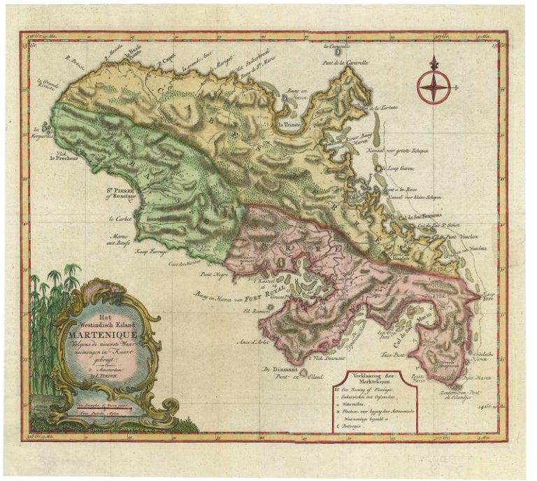 Antique Map of Martinique with Title Cartouche Garnished with Sugar ...