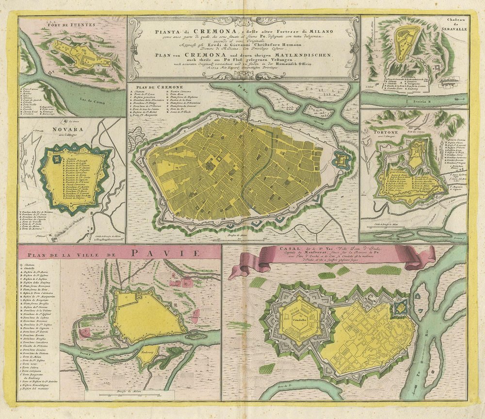 Antique Map with Plans of Cremona by Homann, 1734 for sale at Pamono