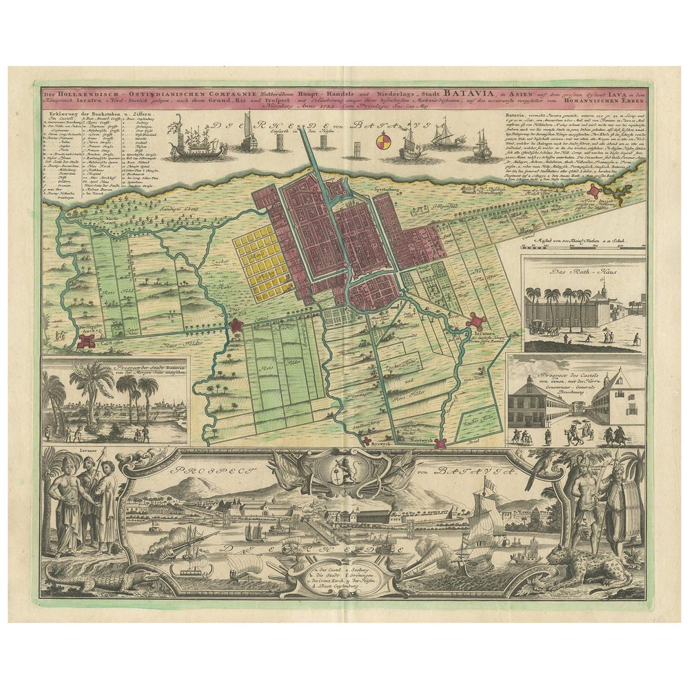 Antique Map and Views of Batavia by Homann Heirs, 1733 for sale at Pamono