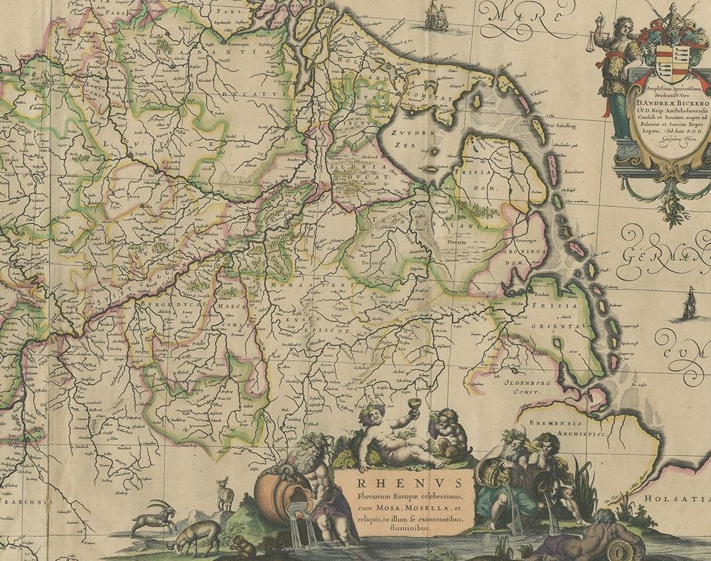 Large Hand-Coloured Map of Rhine River, Moselle and Meuse by Willem ...