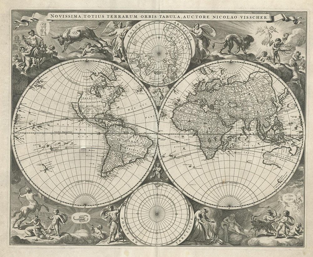 Antique Dutch World Map by Visscher, 1679 for sale at Pamono