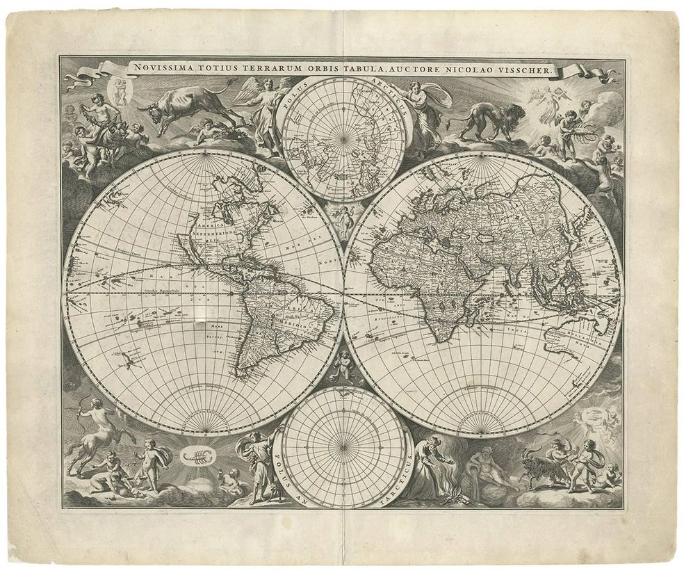 Antique Dutch World Map by Visscher, 1679 for sale at Pamono