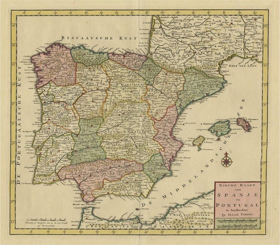 Detailed Map of Spain and Portugal, 1740 for sale at Pamono