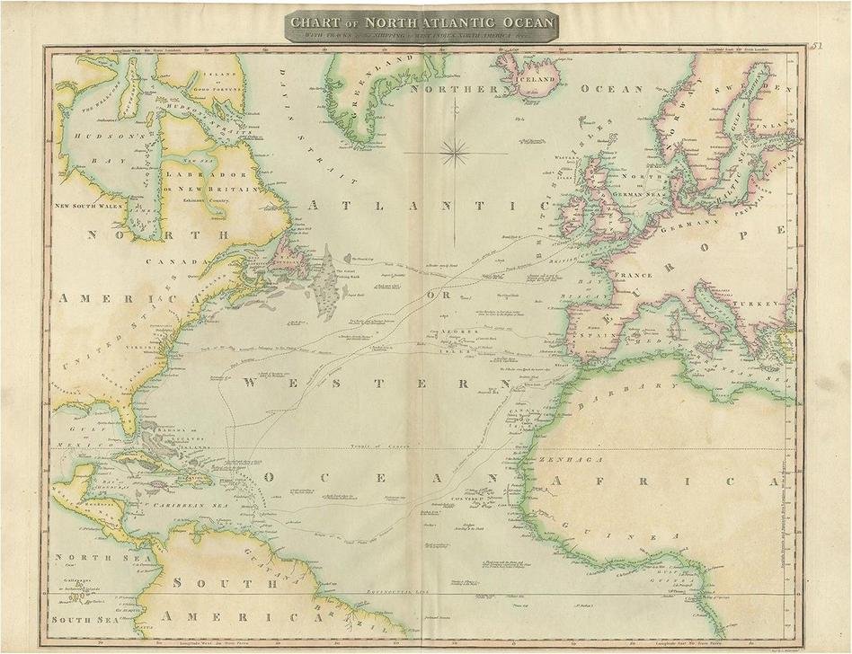 Map of the Atlantic with Nelsons and Trade Routes, 1817 for sale at Pamono