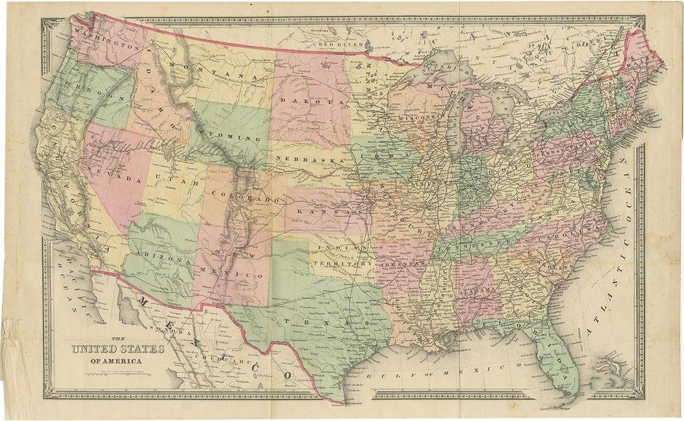 Antique Map of the United States by Titus, 1871 for sale at Pamono