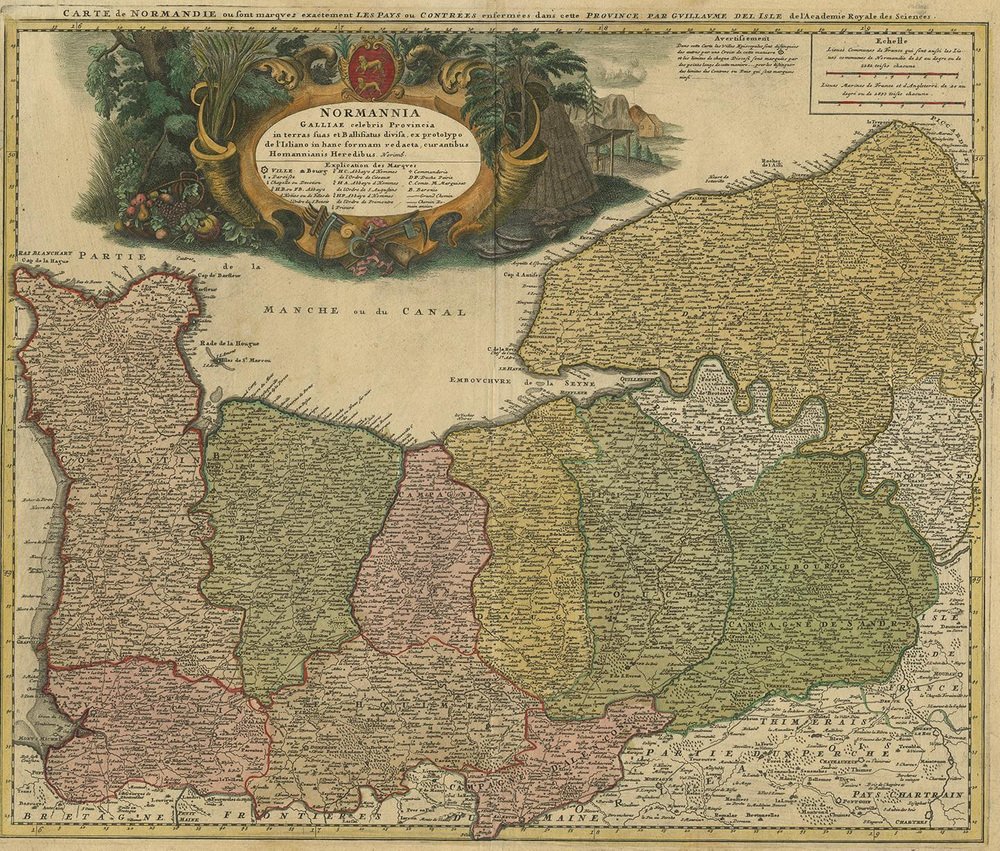 Antique Map of Normandy France by Homann Heirs, 1740 for sale at Pamono