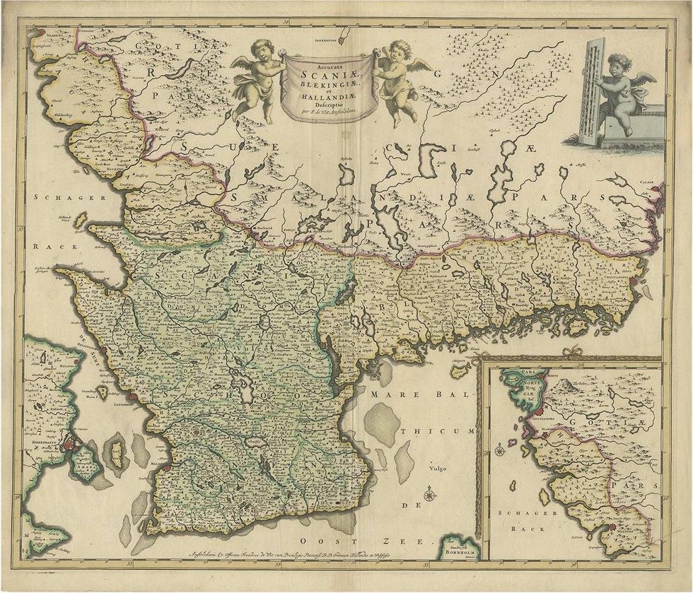 South Sweden Map with Inset of Halmstad by Frederik De Wit, 1680 for ...