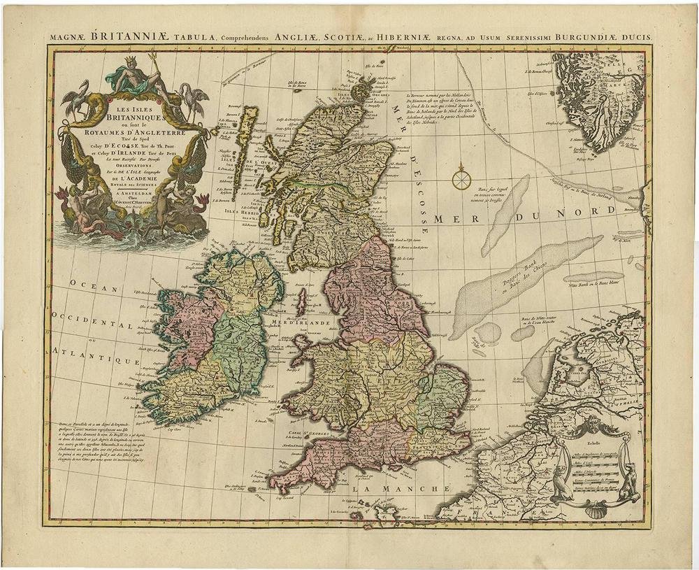 Antique Map Colored Cartouches of the British Isles by Covens & Mortier ...