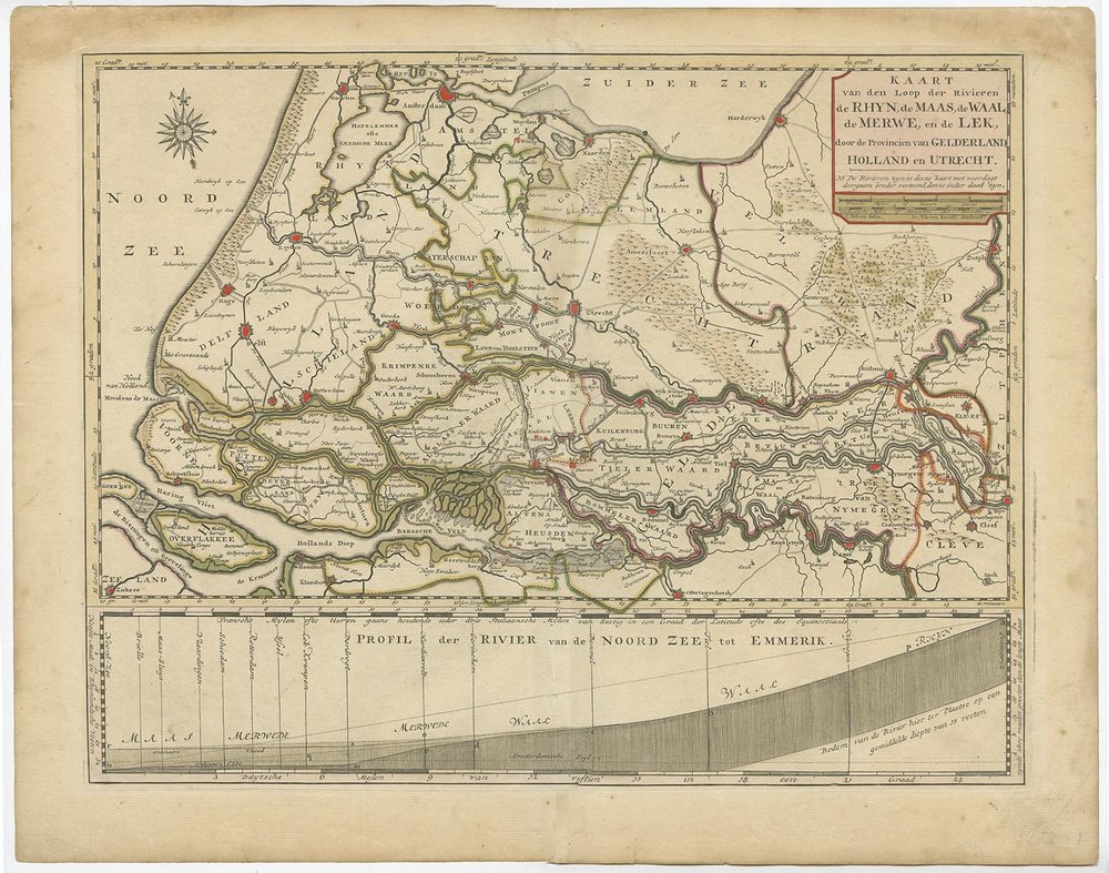 Antique Map of Dutch Rivers with the Rhine, 1750 for sale at Pamono