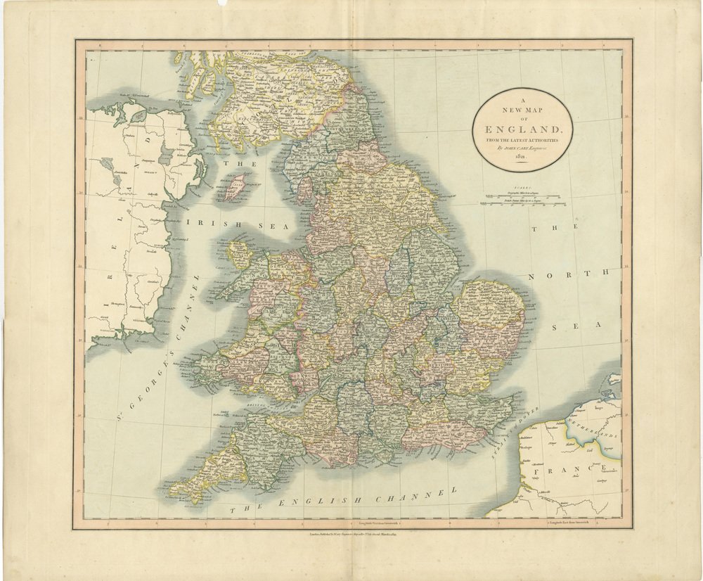 Large Antique Hand-Colored Map of England by Counties, 1821 for sale at ...