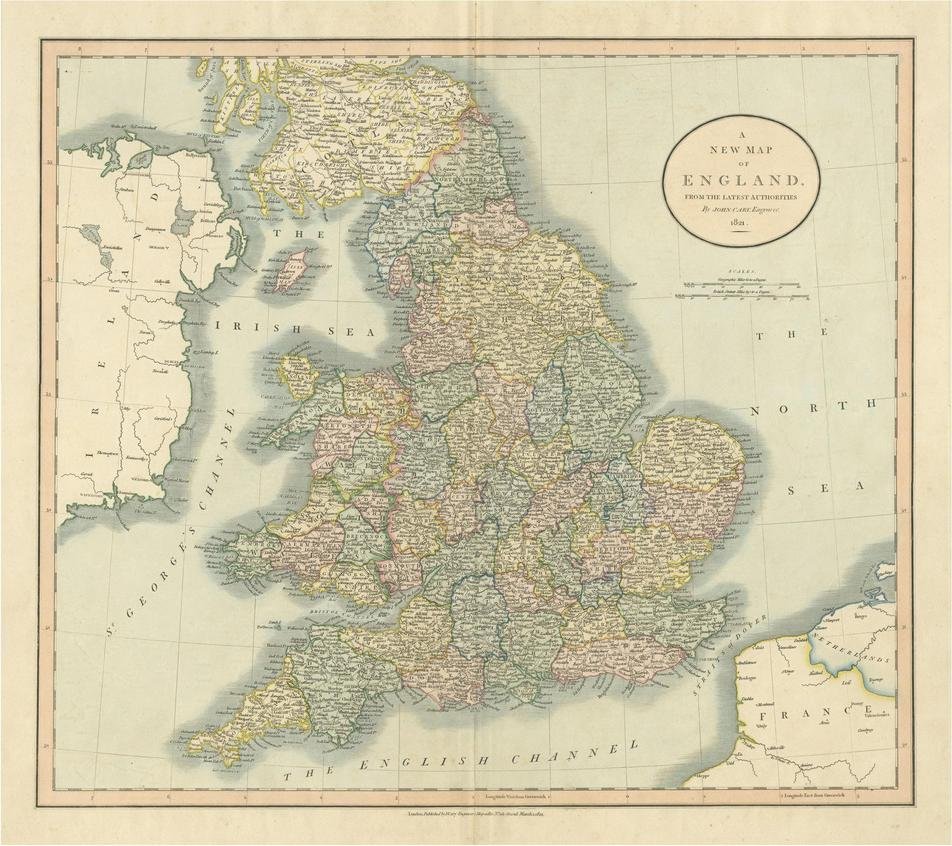 Large Antique Hand-Colored Map of England by Counties, 1821 for sale at ...