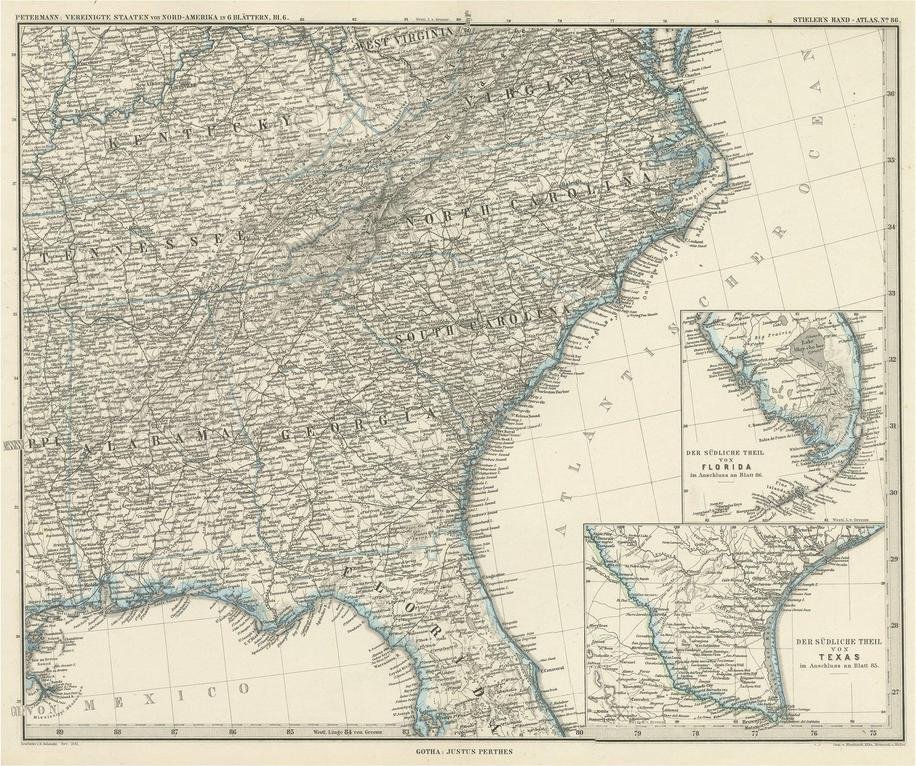 Antique Map of Tennessee, Kentucky, Virginia, Alabama, Georgia and ...