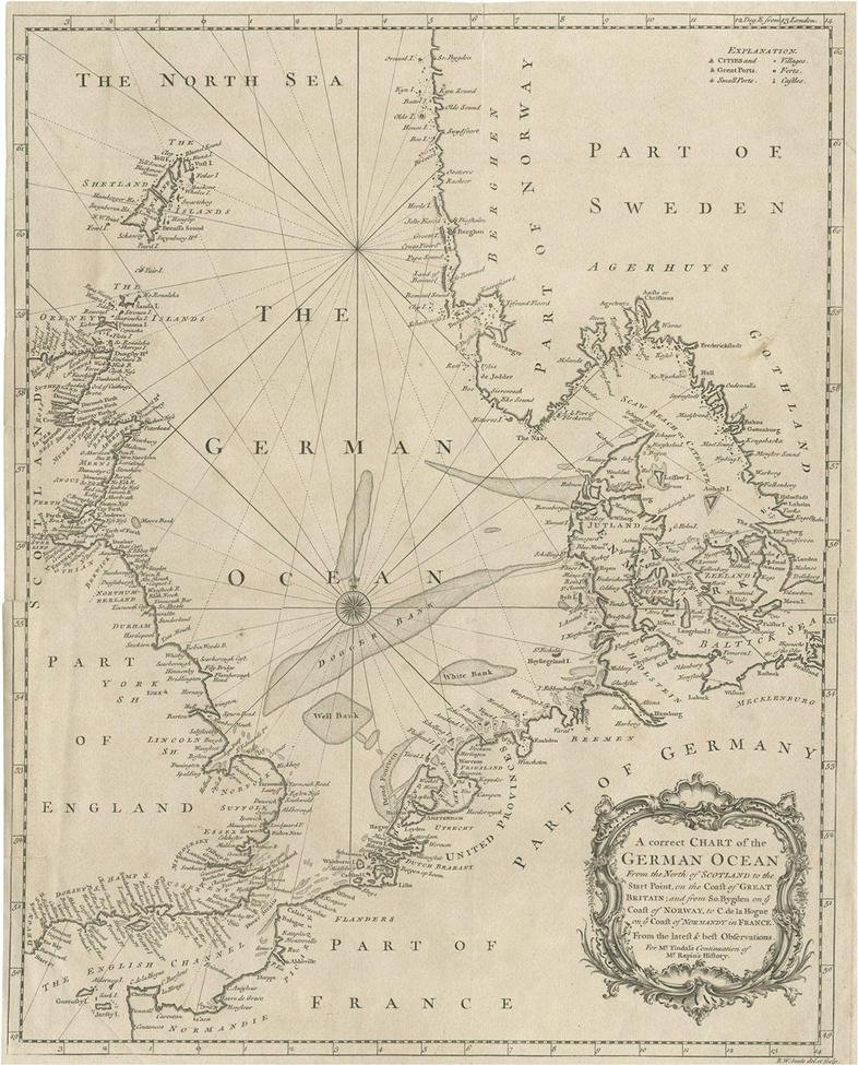Antique Map of the North Sea from the English Channel to Norway and ...