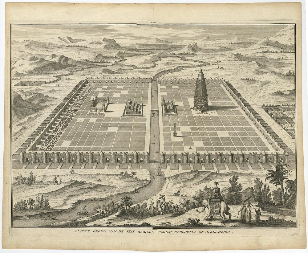 Ancient Babylon with the Tower of Babel, 1730, Paper for sale at Pamono