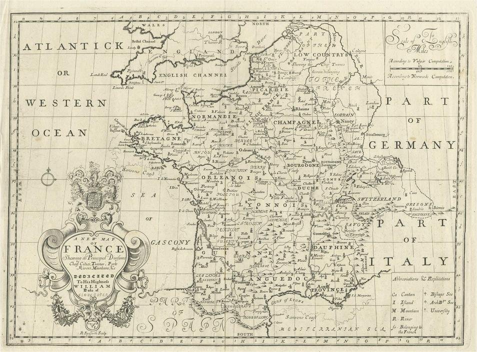 Antique Map of France by British Mapmaker Wells, 1710 for sale at Pamono