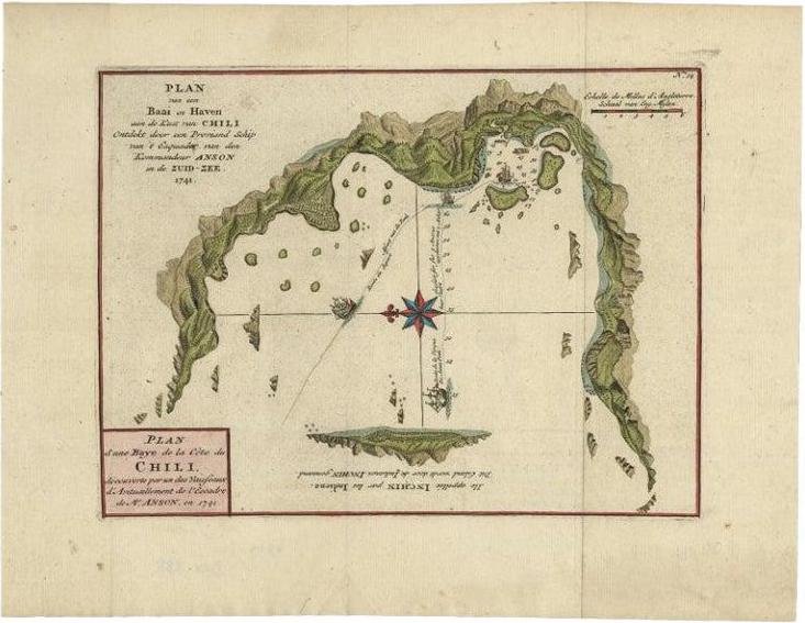 Antique Chile Coast Bay Map Chart by Anson from Voyage Around the World ...