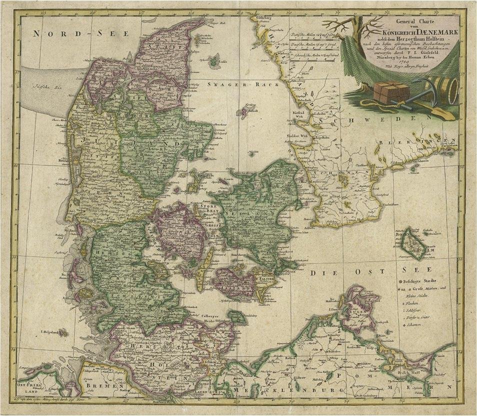 Antique Map of Denmark with Schleswig-Holstein and the South of Sweden ...