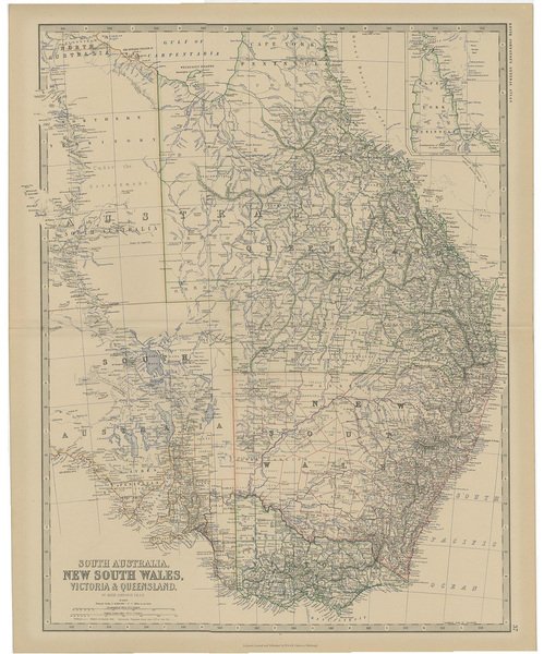 Map of Southern Australia with Inset Map of Cape York Peninsula, 1882 ...