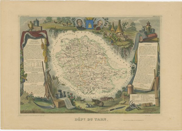 Antique Map of the Department of Tarn, France, 1852 for sale at Pamono