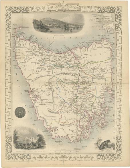 Map of Tasmania with Illustrations of Local Fauna and Colonial Landmarks, 1851 for sale at Pamono