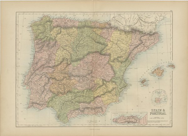 Antique Map of Spain and Portugal by A. & C. Black, 1870 for sale at Pamono