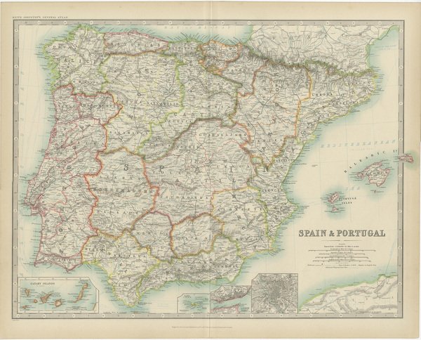 Antica mappa della Spagna e del Portogallo di Johnston, 1909 in vendita ...