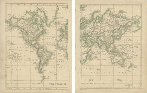 Antique Map of the World in Two Sheets, 1852, Set of 2 for sale at Pamono