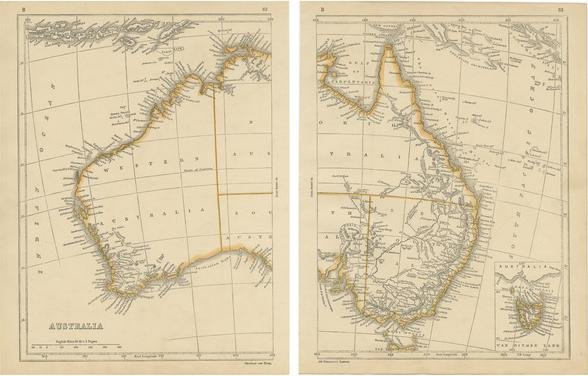 Antique Map of Australia by Lowry, 1852, Set of 2 for sale at Pamono