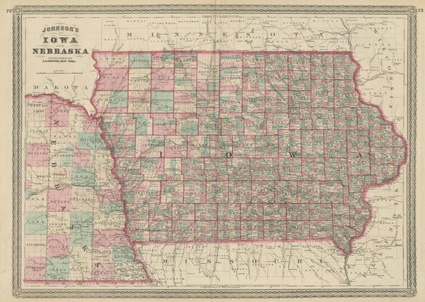 Antique Map of Iowa and Nebraska by Johnson, 1872 for sale at Pamono
