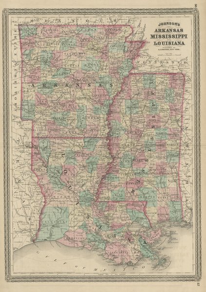 Antique Map of Arkansas, Mississippi and Louisiana by Johnson, 1872 for ...