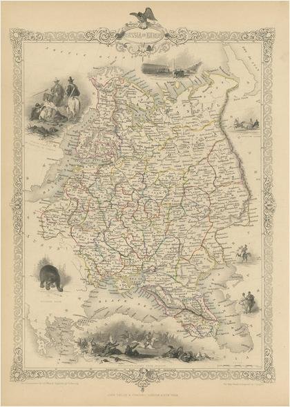 Antique Map of Russia in Europe by Tallis, 1851 for sale at Pamono