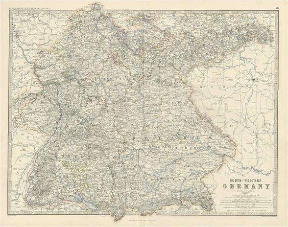Antique Map of South-Western Germany by A. K. Johnston, 1865 for sale ...