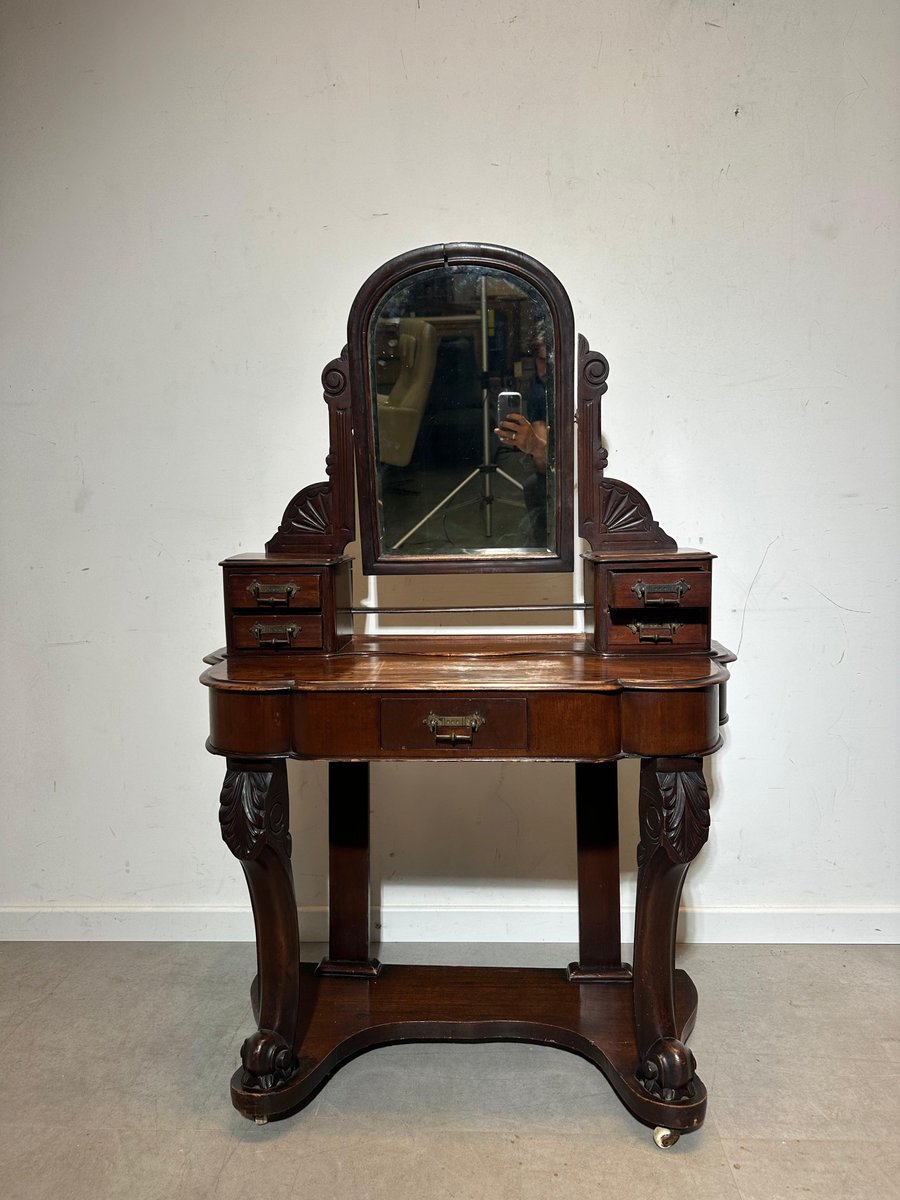 Antique Carved Wooden Vanity Table with Mirror for sale at Pamono