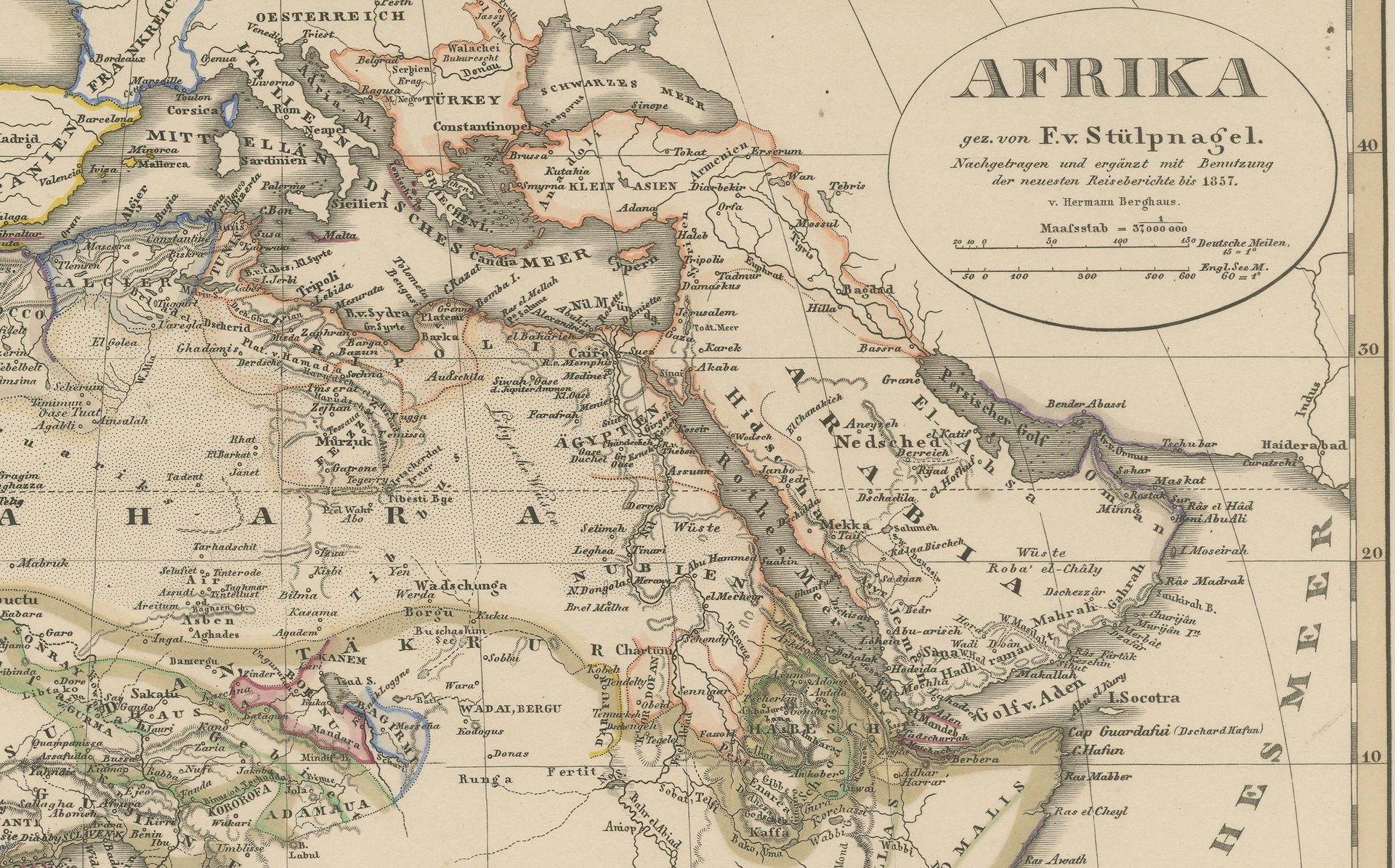 Antique Map of Africa with Algeria Inset Stieler Atlas, 1858 for sale ...
