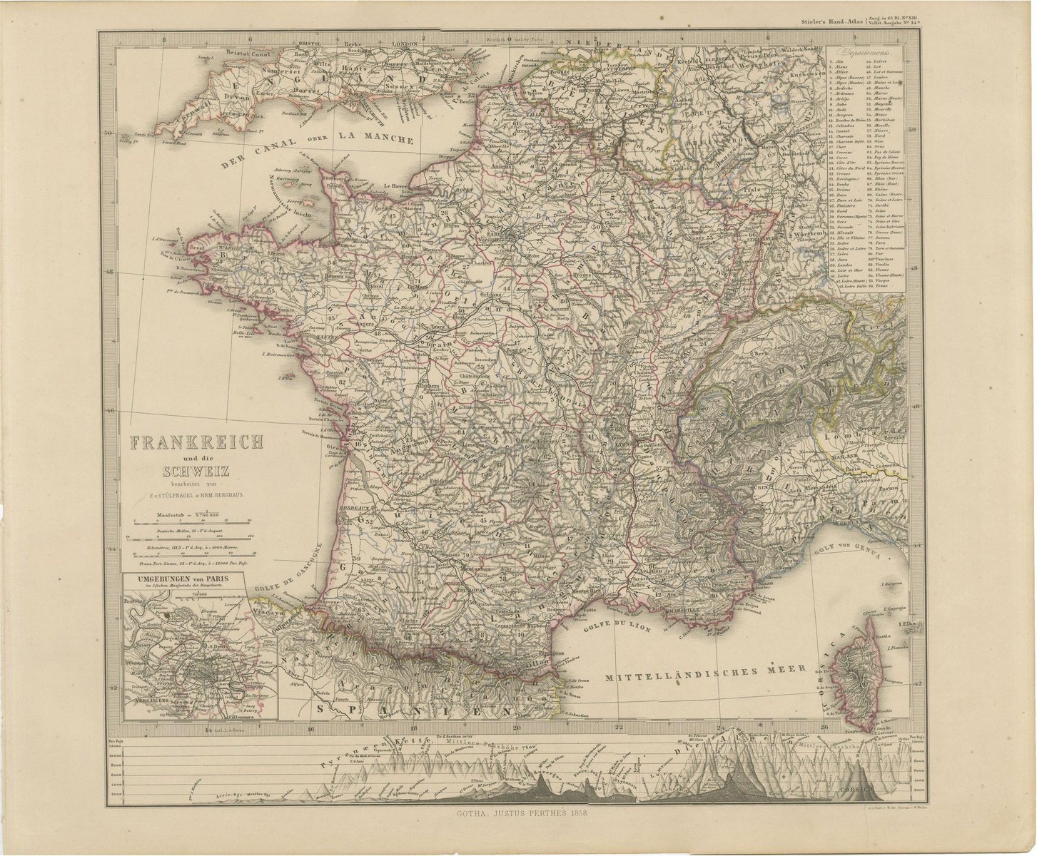 France and Switzerland Map with Mountain Profiles, 1857 for sale at Pamono