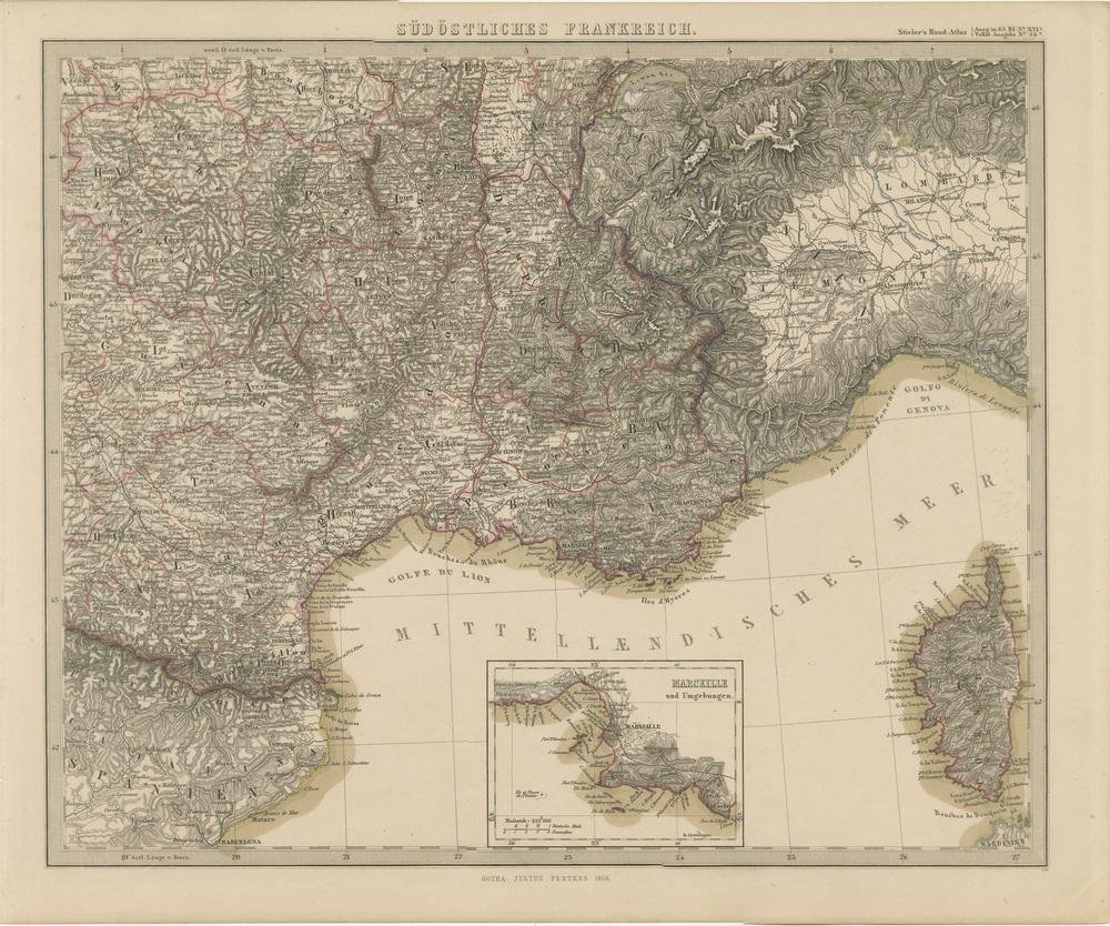 Map of Southern France to Italy with Corsica and Marseille, 1858 for ...